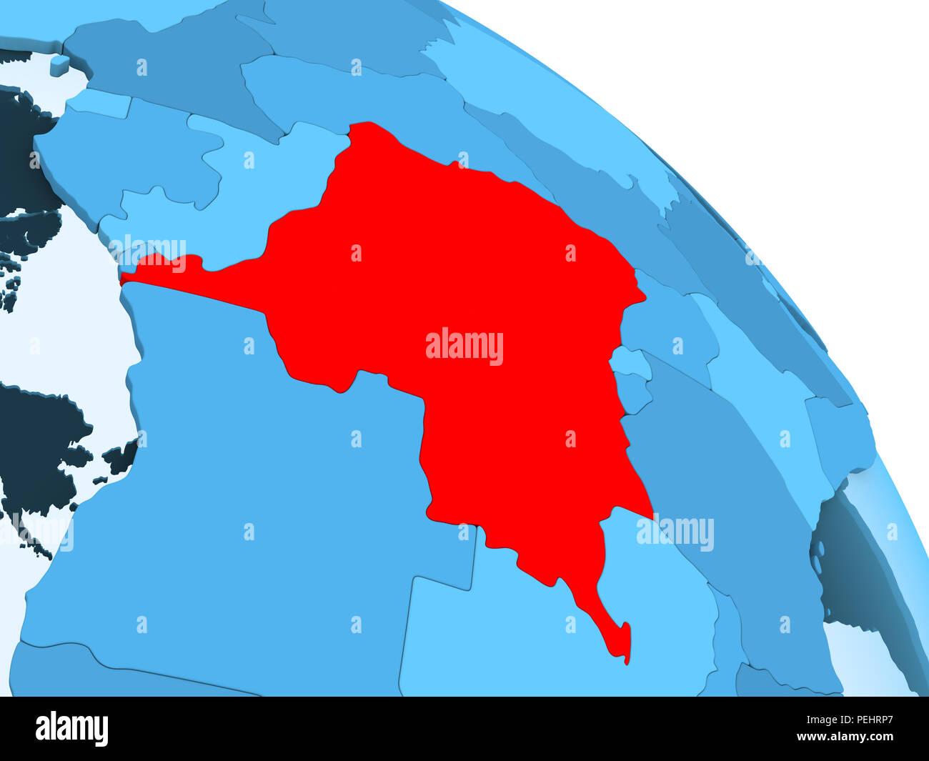 Democratic Republic of Congo highlighted on blue 3D model of political ...