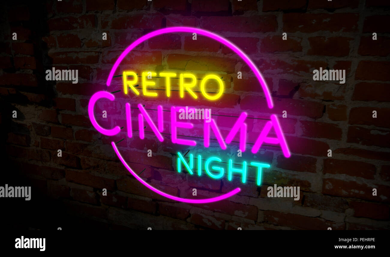 Retro cinema night neon animation intro. 3D flight over electric ...