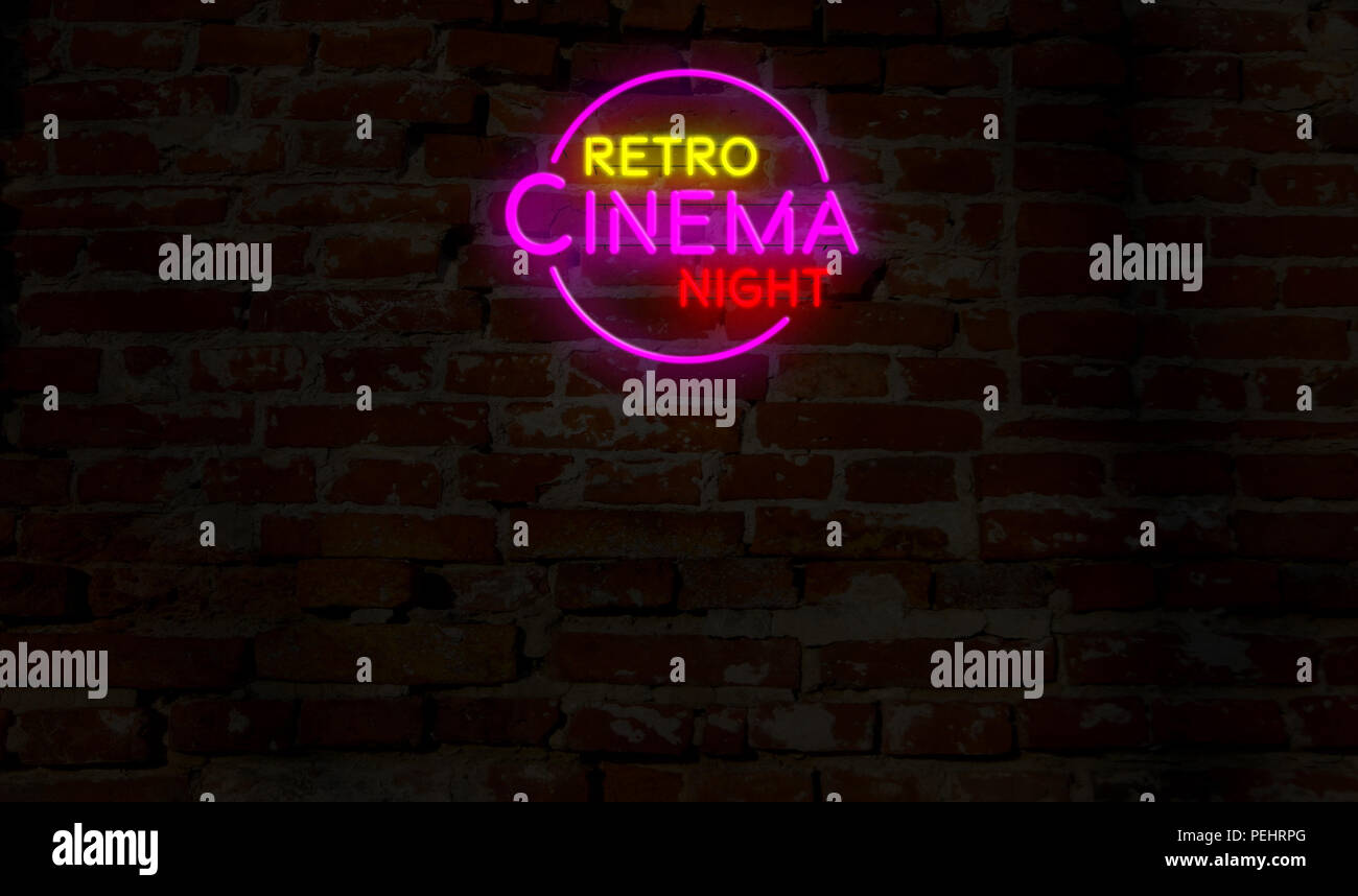 Retro cinema night neon animation intro. 3D flight over electric ...