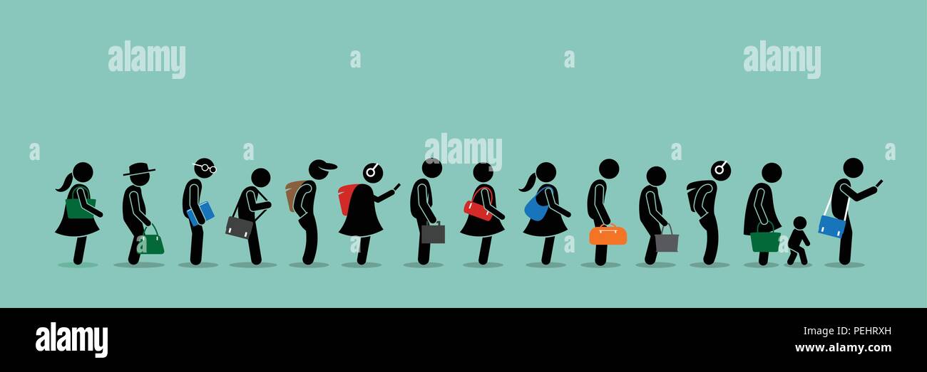 A long queue of people ranging from male, female, old, and young Stock ...