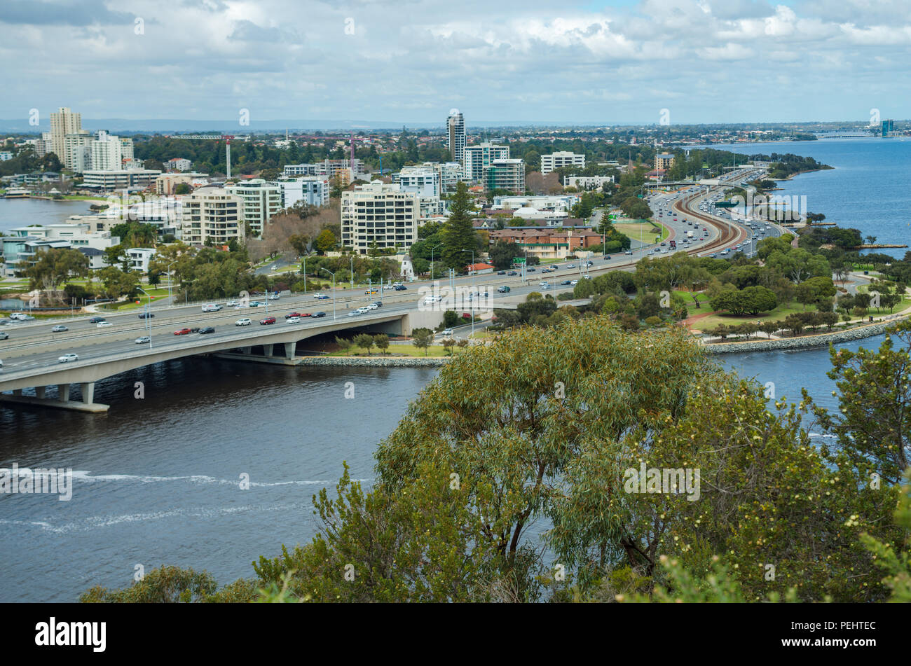 Narrows Bridge and South Perth City, view from Kings Park, Perth ...
