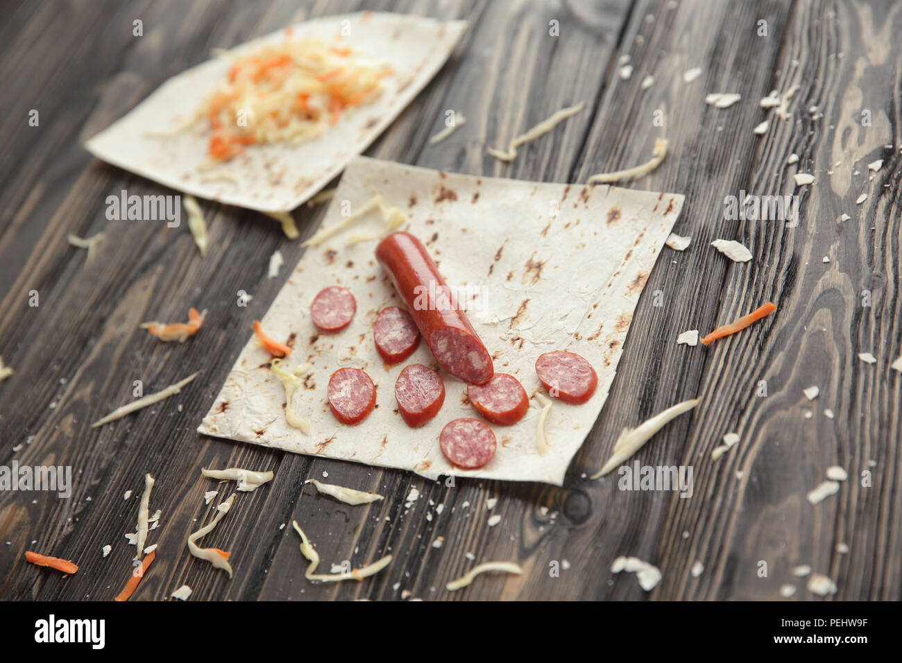 preparation of Shawarma. ingredients on wooden table.photo with Stock ...