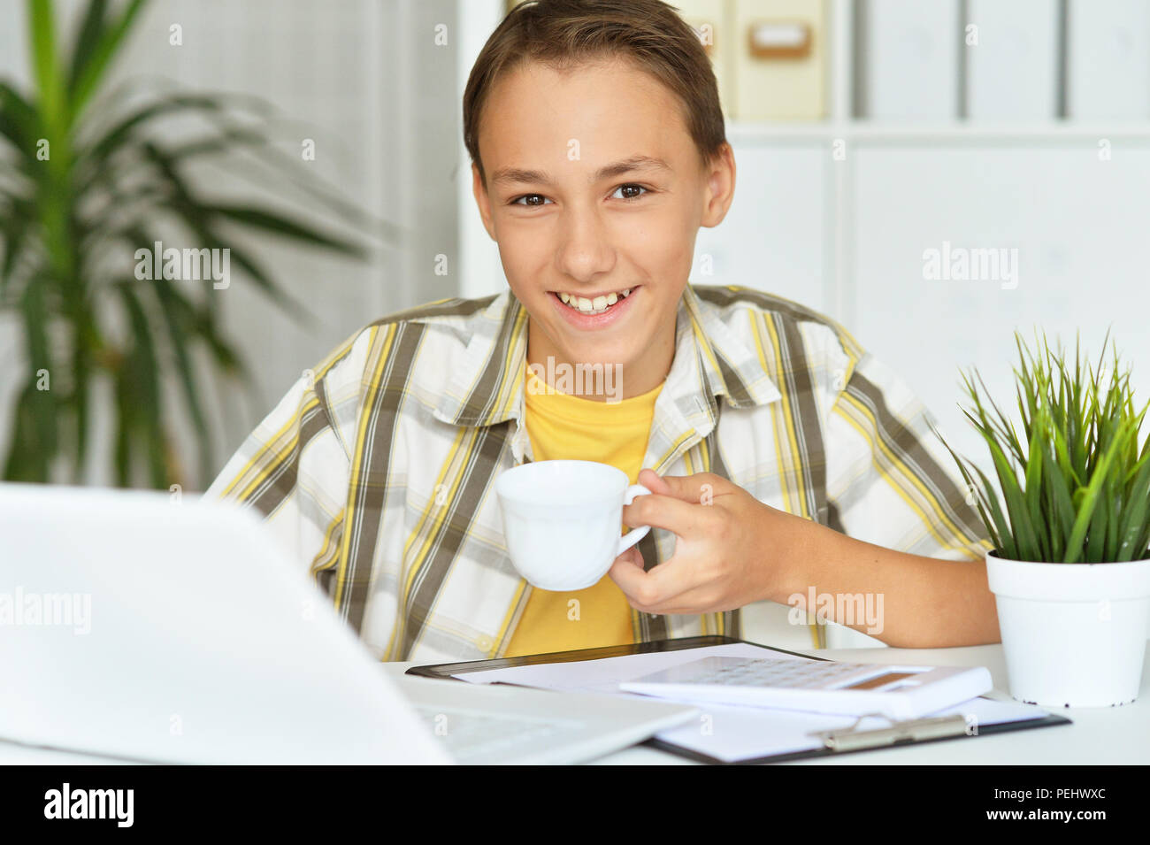 Portrait of a teen boy using laptop Stock Photo - Alamy