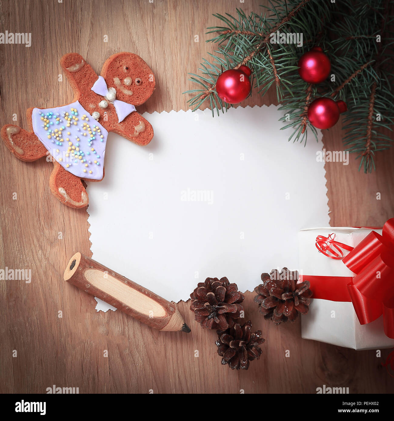 blank Christmas card and a box with gift on Christmas background Stock ...