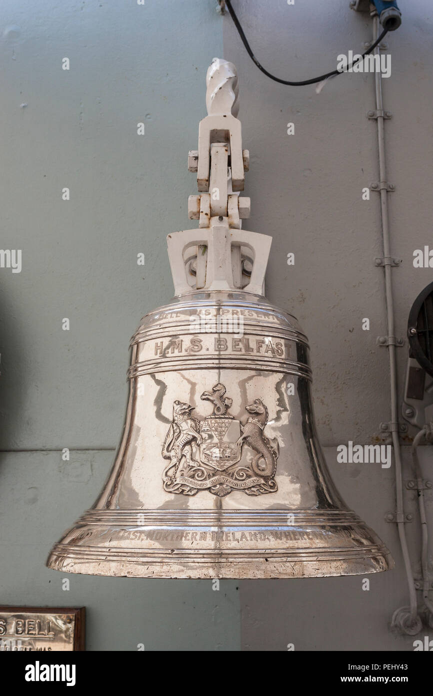 HMS Belfast ships bell. Moored in the River Thames Stock Photo - Alamy