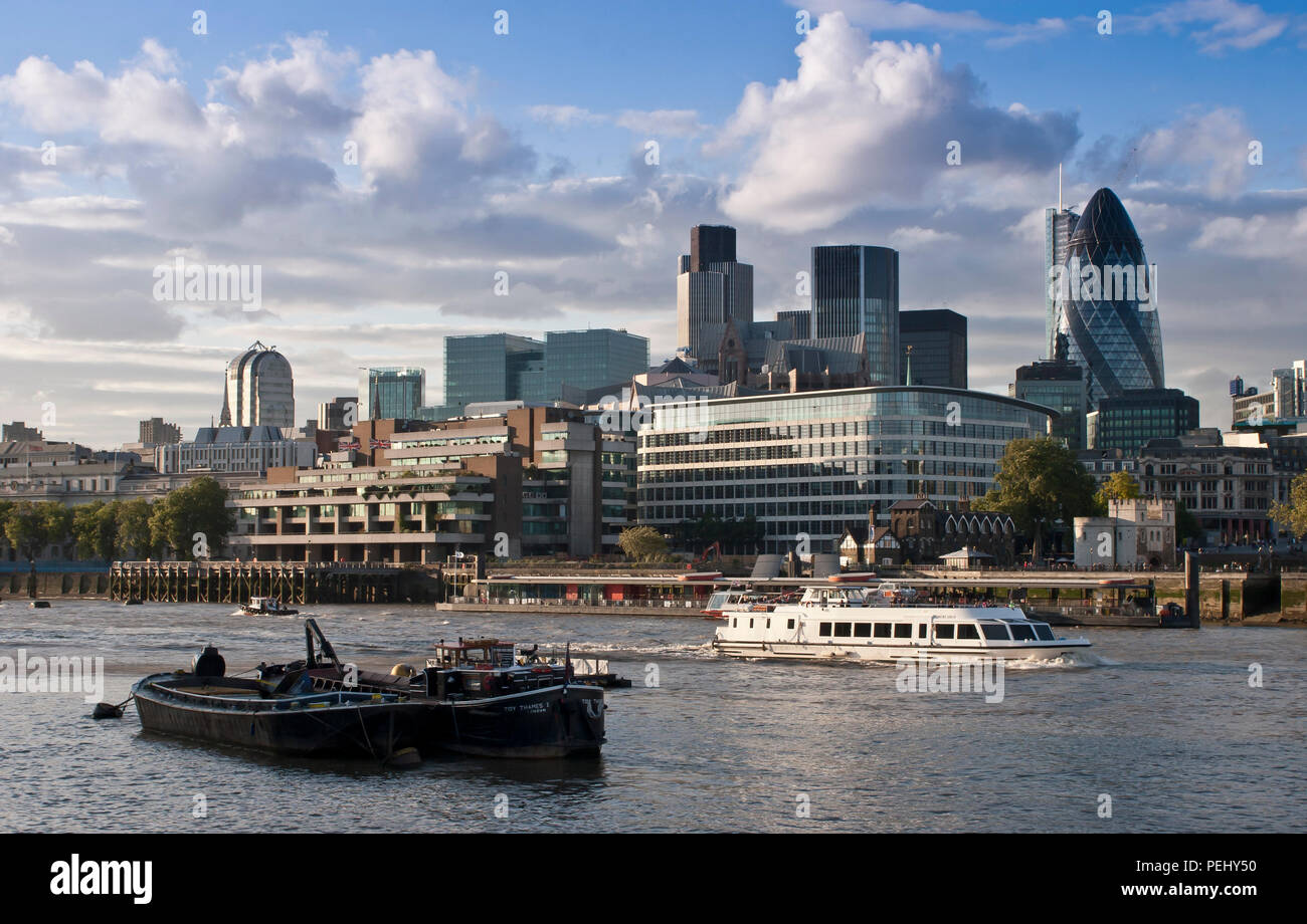 Looking across the River Thames to Londond Financial District Stock ...