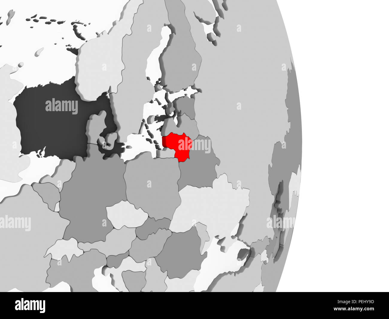 Lithuania highlighted in red on grey political globe with transparent ...