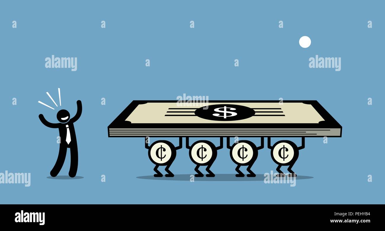 Vector artwork depicts a businessman uses his money to work for him ...