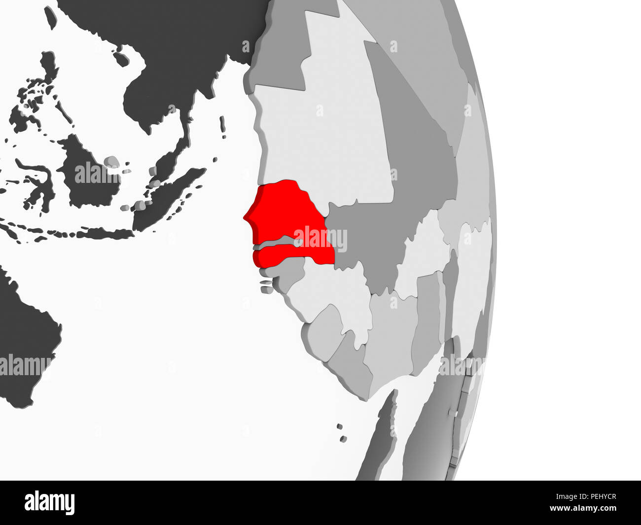 Senegal highlighted in red on grey political globe with transparent ...