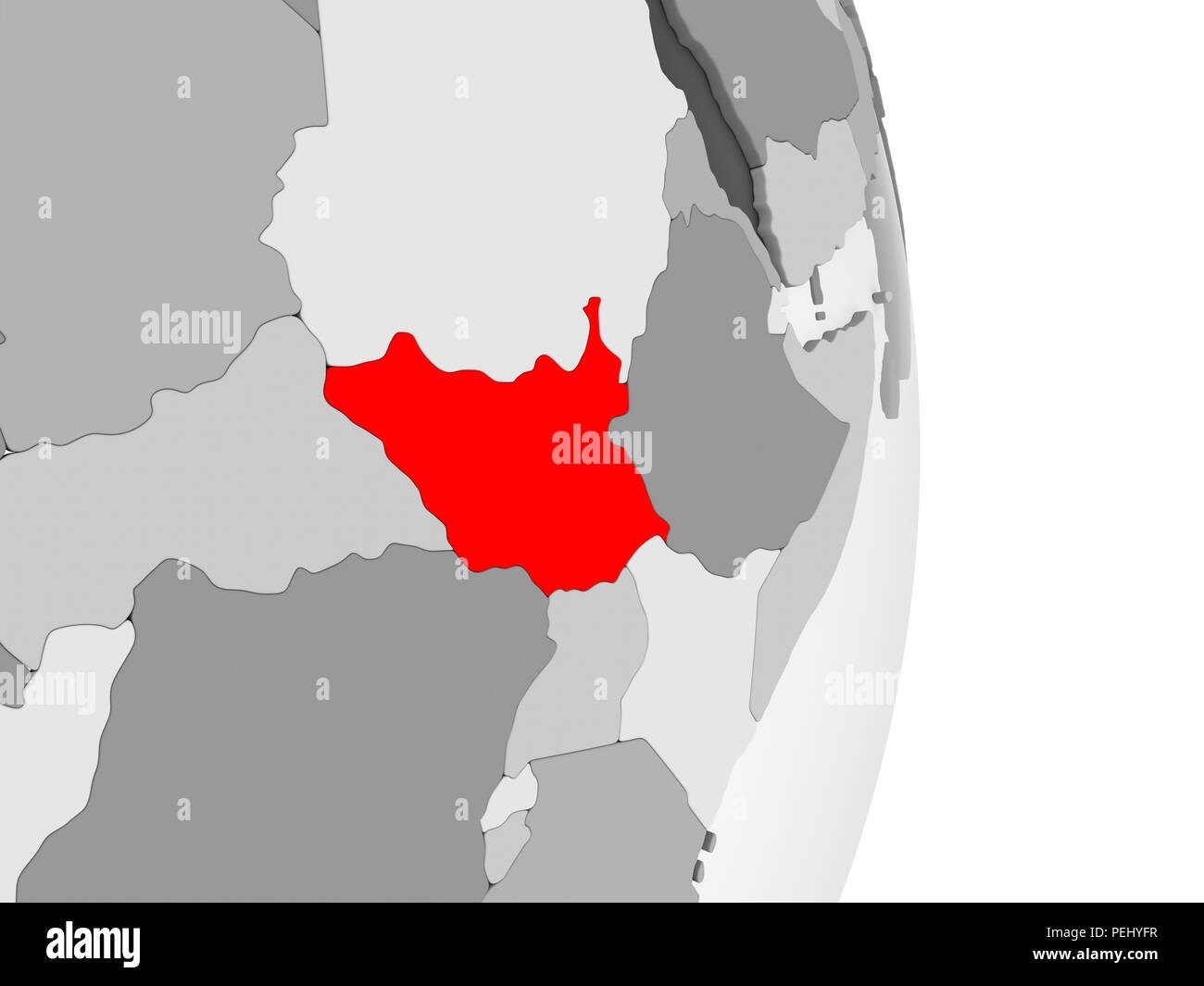South Sudan highlighted in red on grey political globe with transparent ...