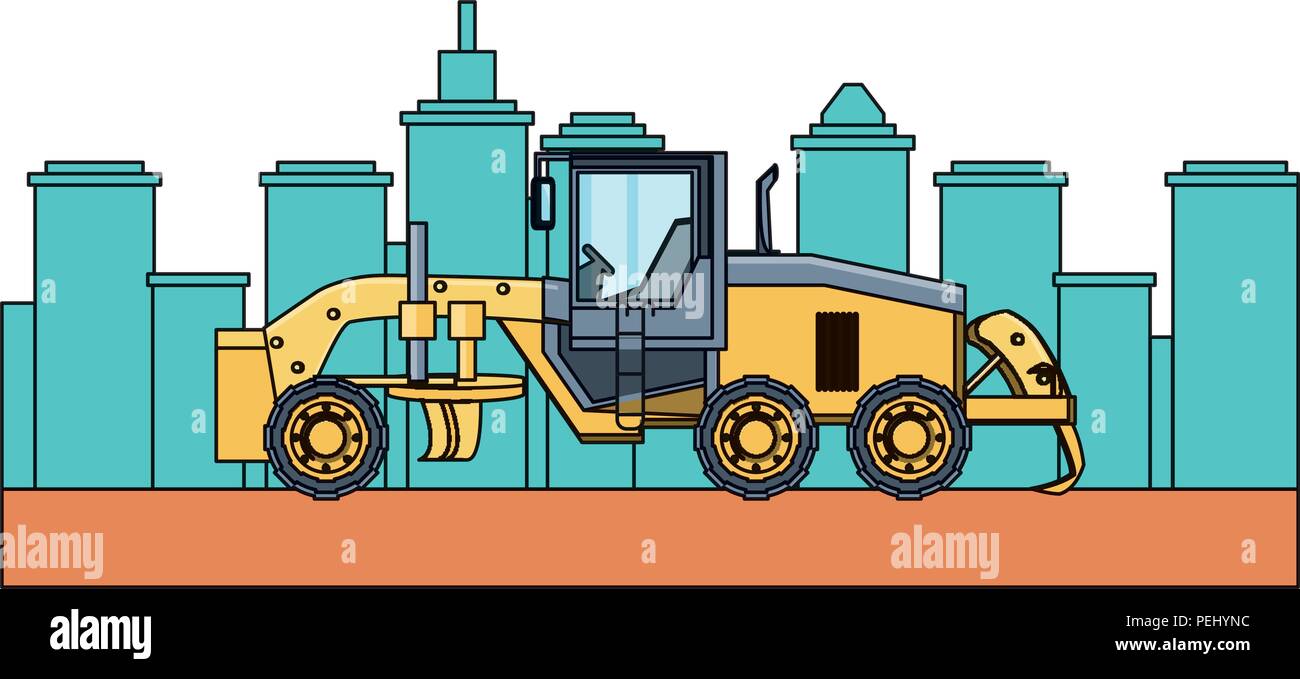 grader truck icon over city buildings and white background, vector ...