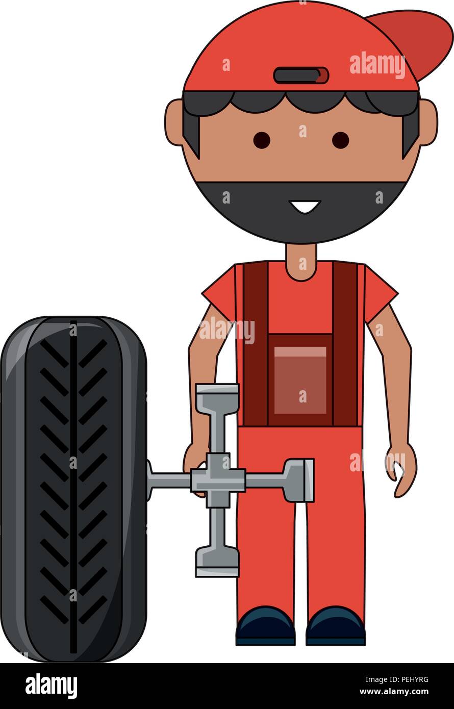cartoon mechanic with a wheel and cross piece over white background ...