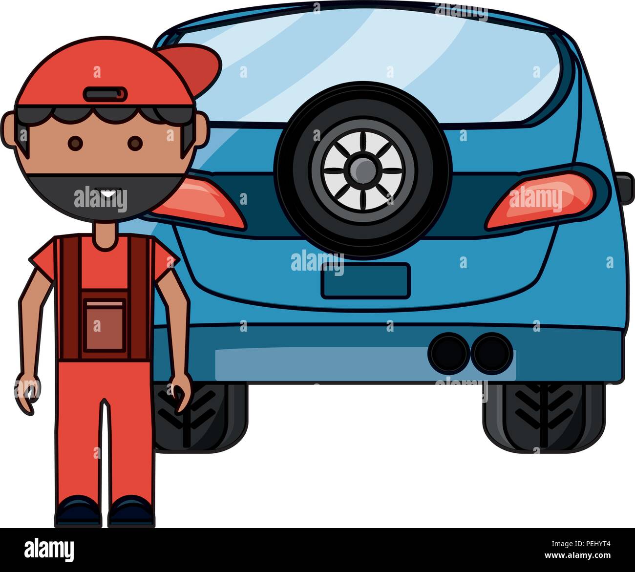 cartoon mechanic and car over white background, vector illustration ...