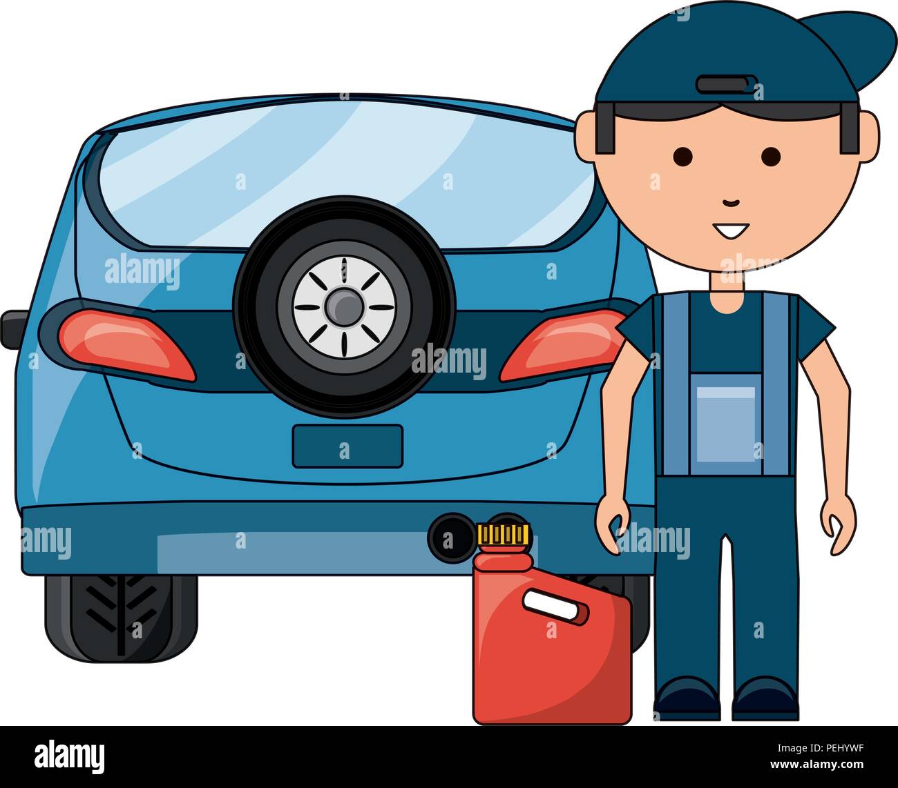 cartoon mechanic with car and galon over white background, vector ...