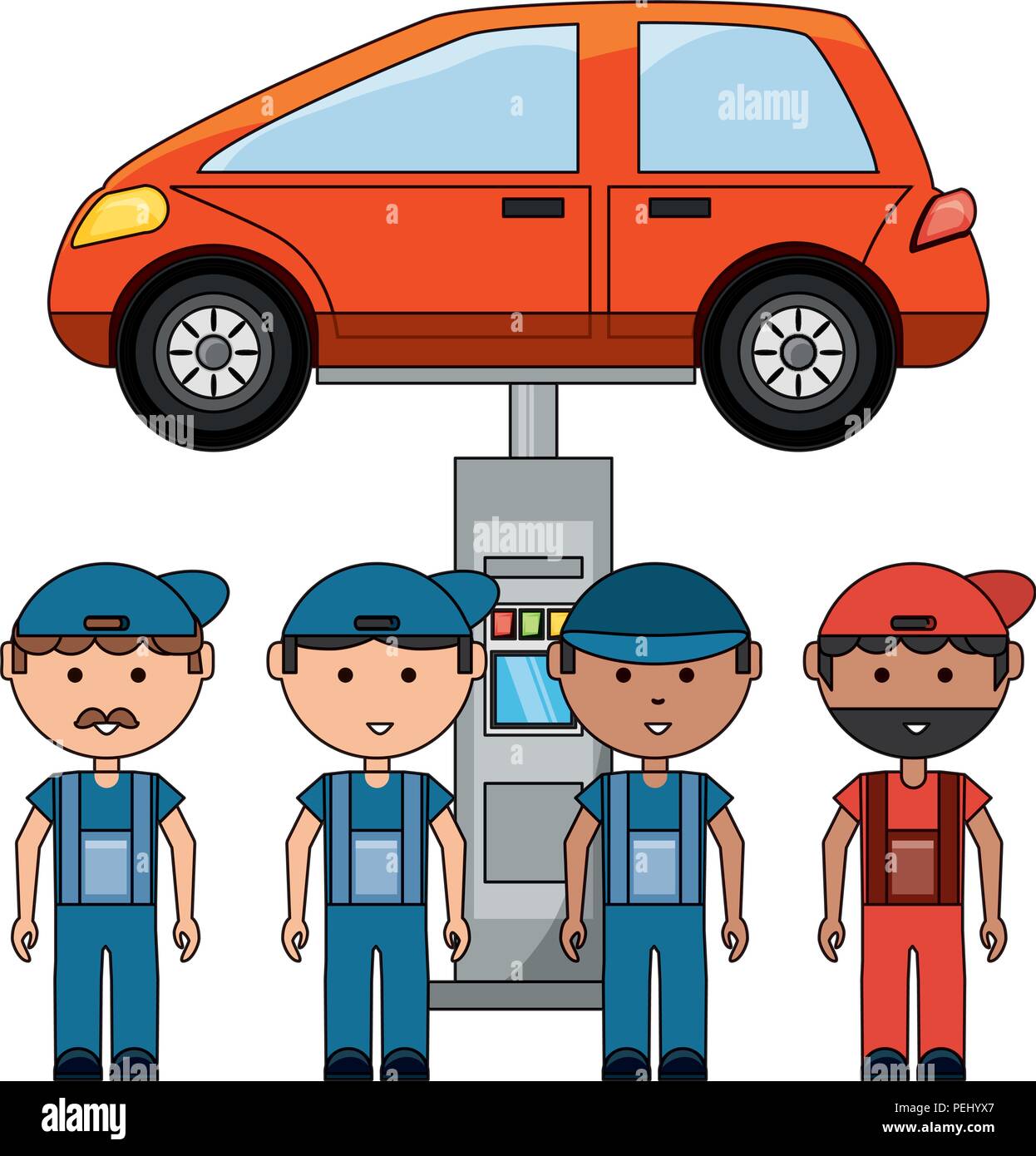 cartoon mechanics and Lifted Vehicle over white background, vector ...