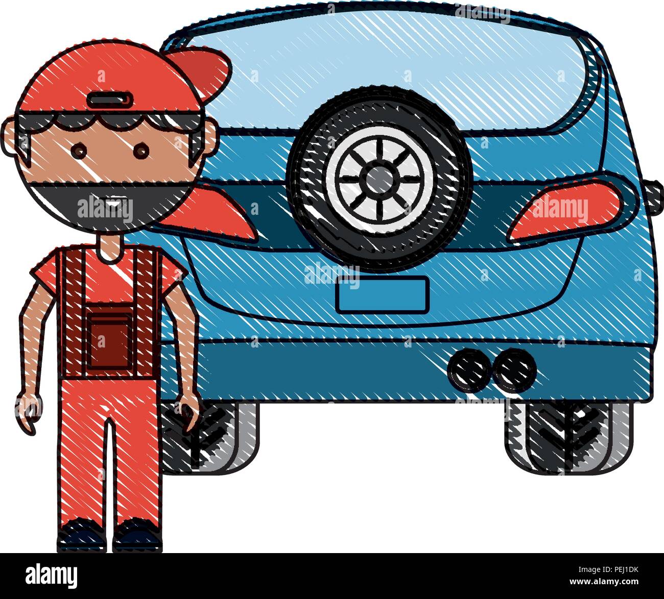 cartoon mechanic and car over white background, vector illustration ...