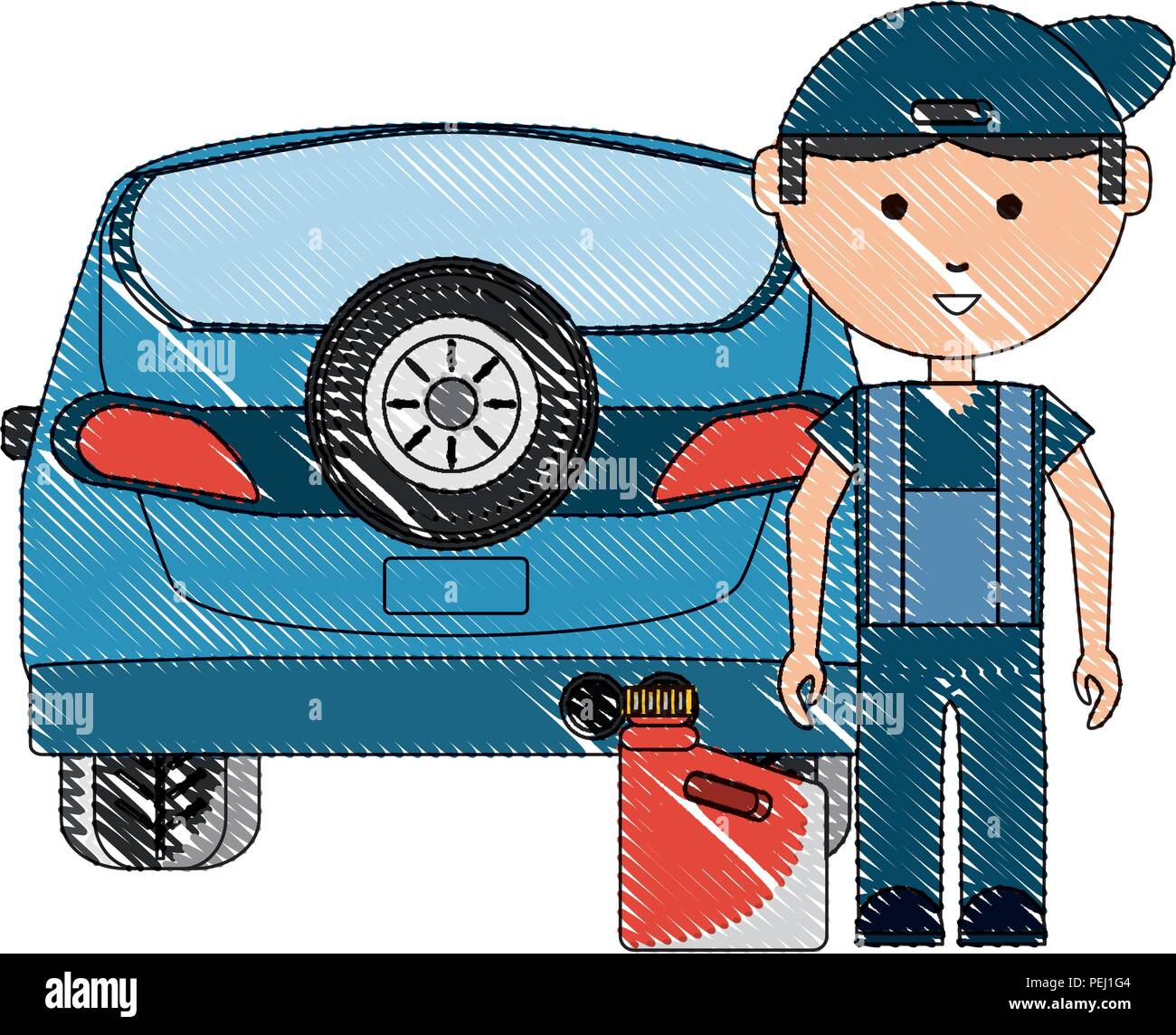 cartoon mechanic with car and galon over white background, vector ...