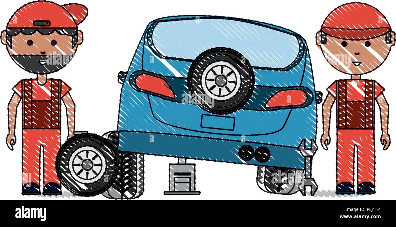 cartoon mechanics repairing a car over white background, vector ...
