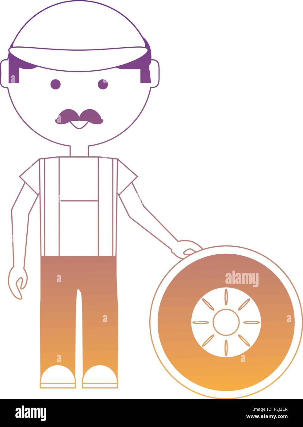 cartoon mechanic and car wheel over white background, vector ...