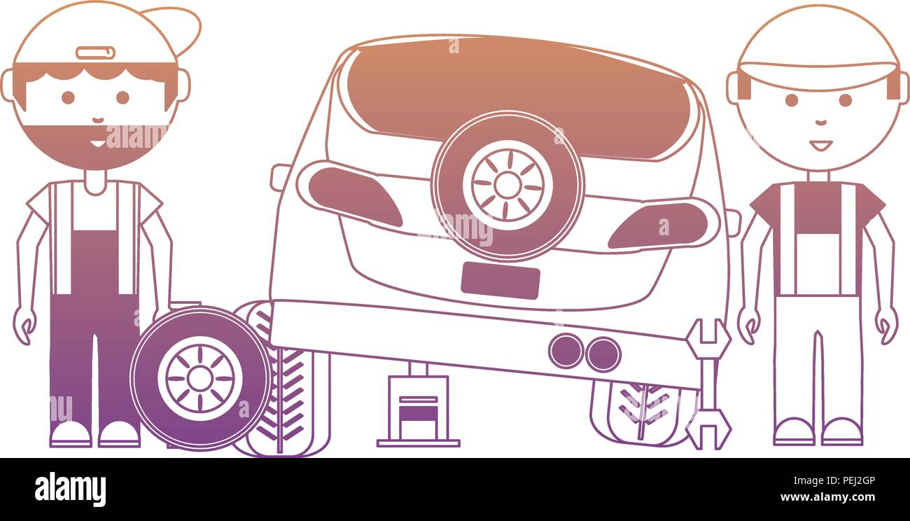 cartoon mechanics repairing a car over white background, vector ...