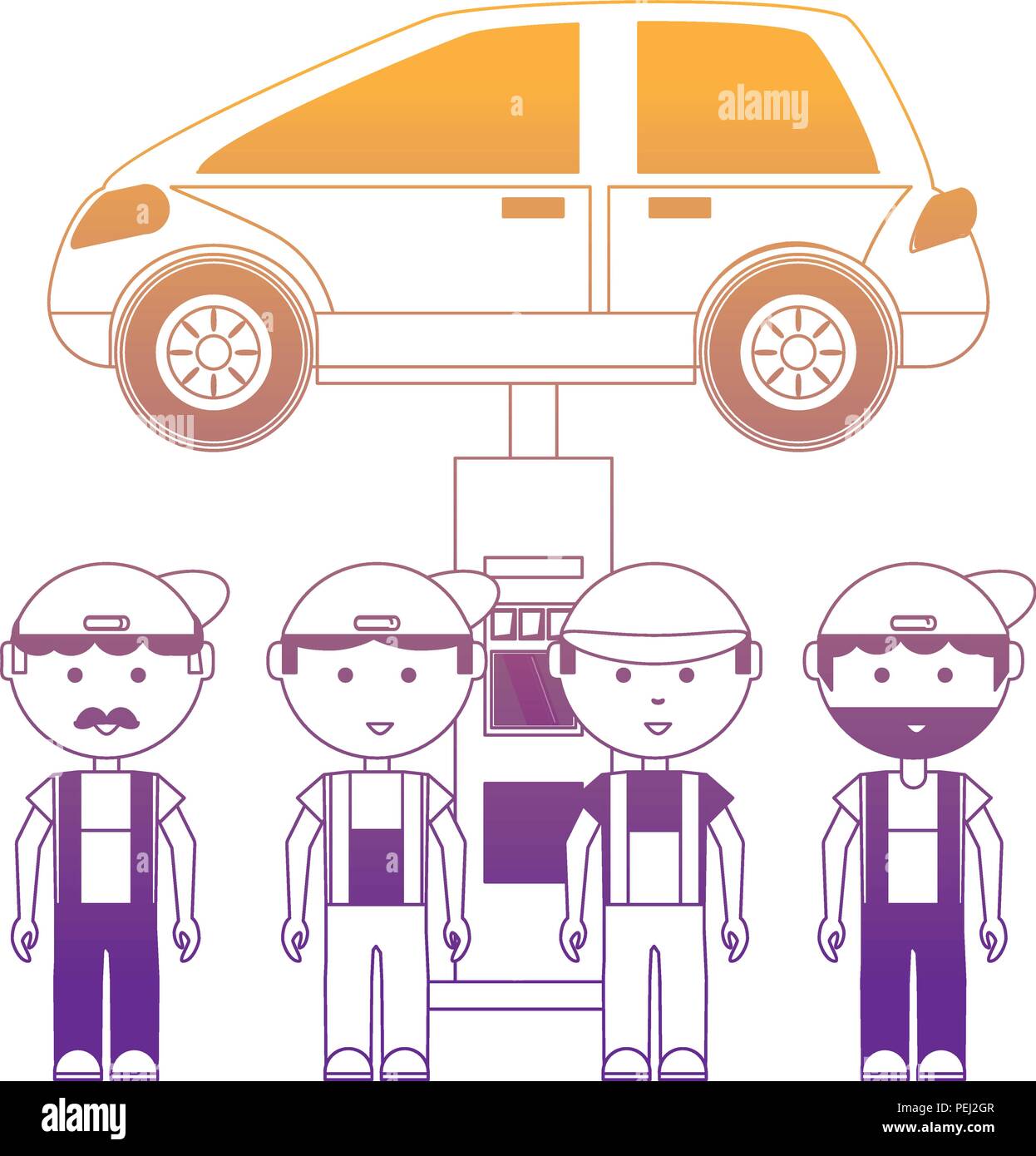 cartoon mechanics and Lifted Vehicle over white background, vector ...