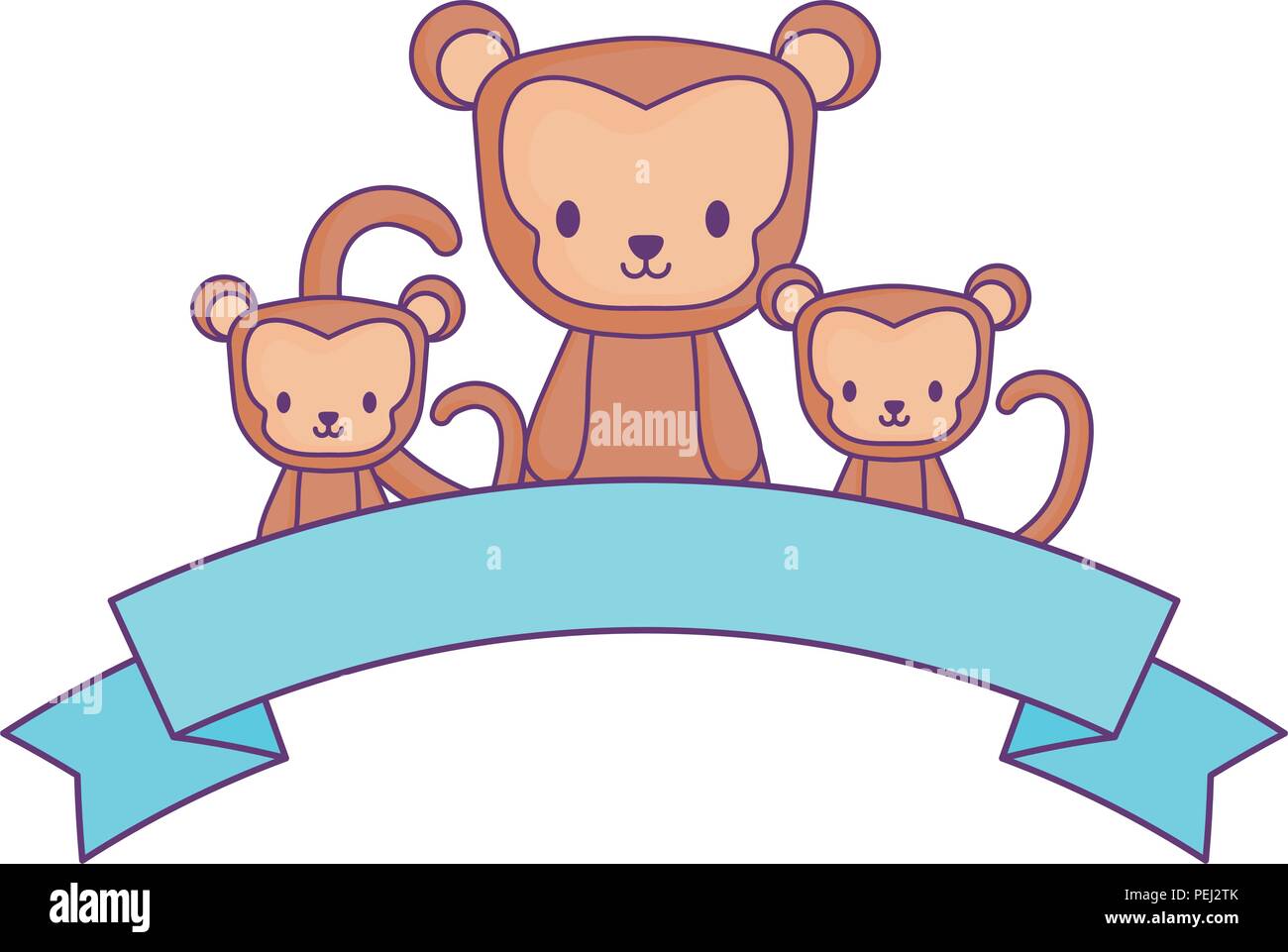 cute monkeys and decorative ribbon over white background, vector ...