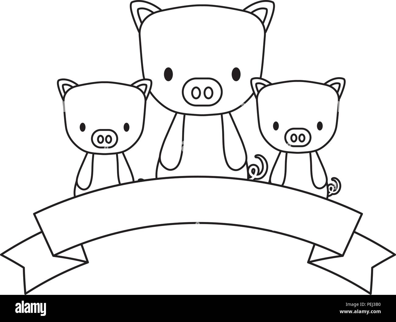 decorative ribbon and cute pigs over white background, vector ...