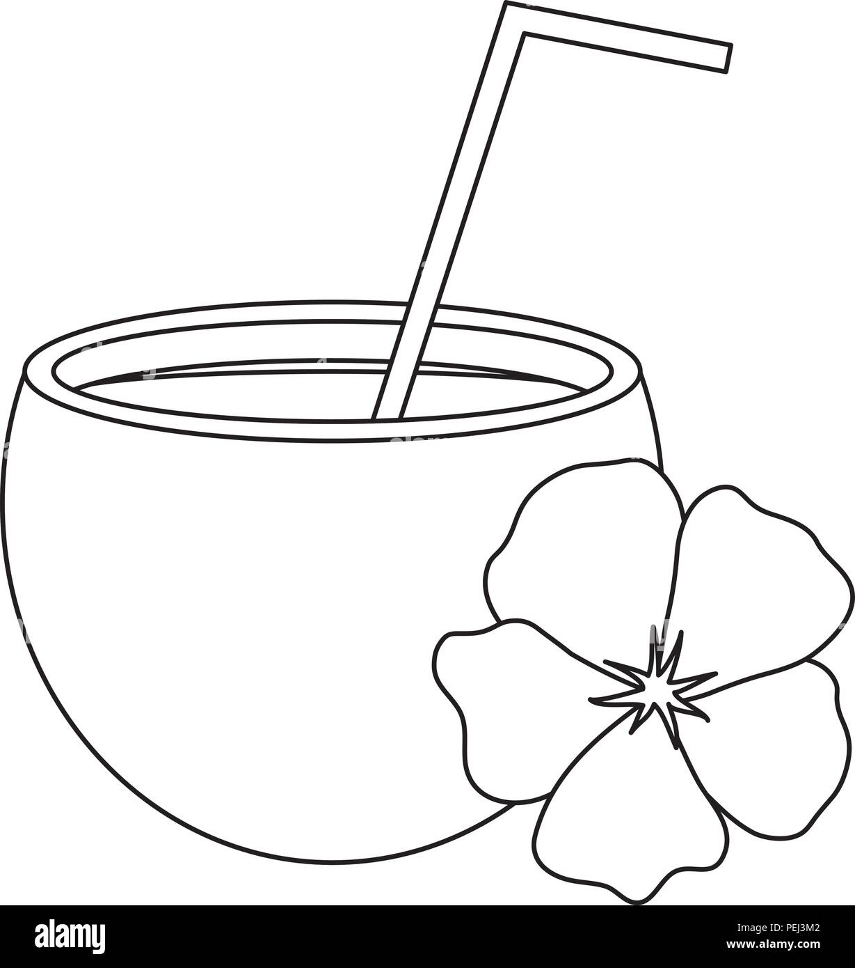 coconut cocktail and tropical flower over white background, vector ...
