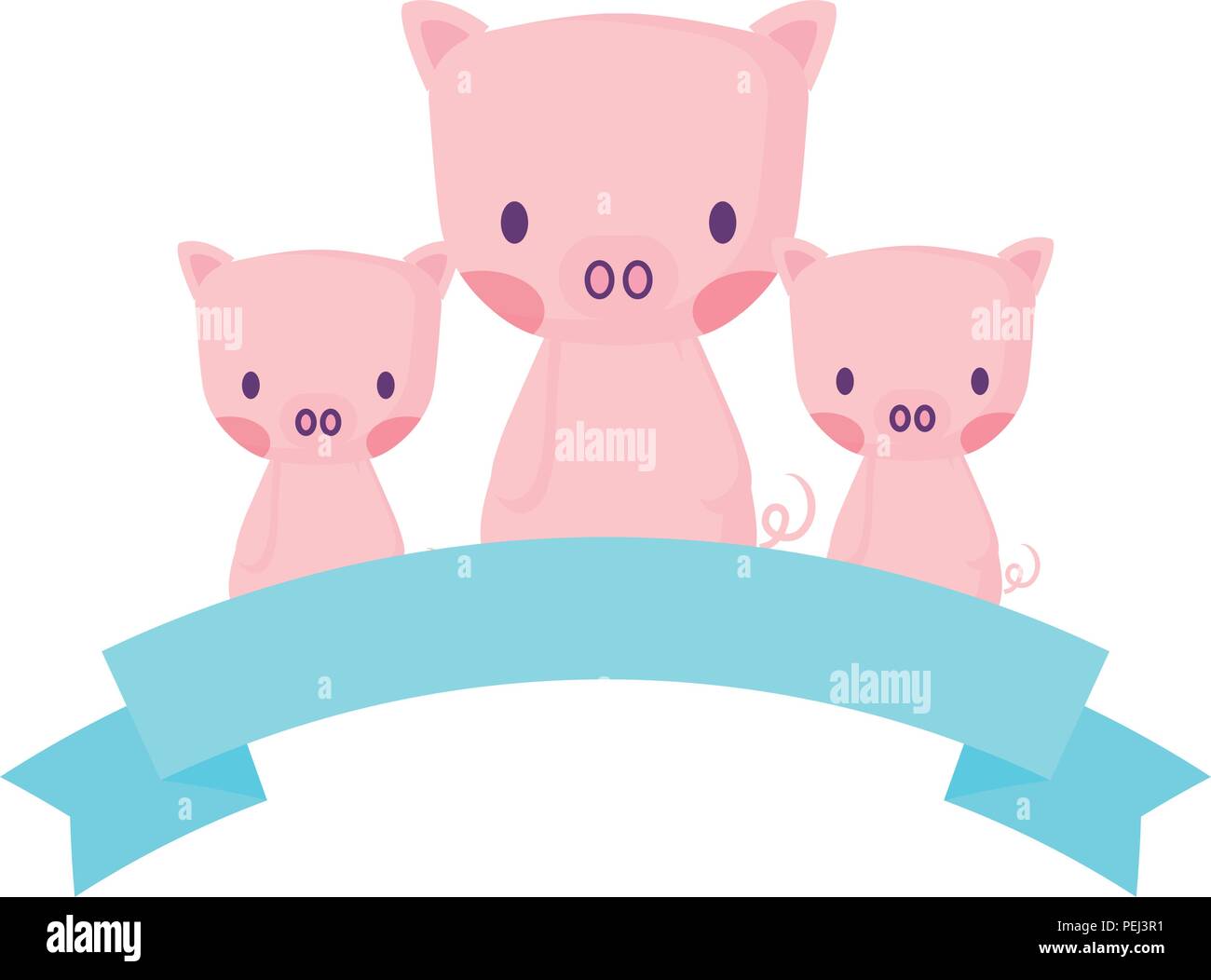 decorative ribbon and cute pigs over white background, vector ...