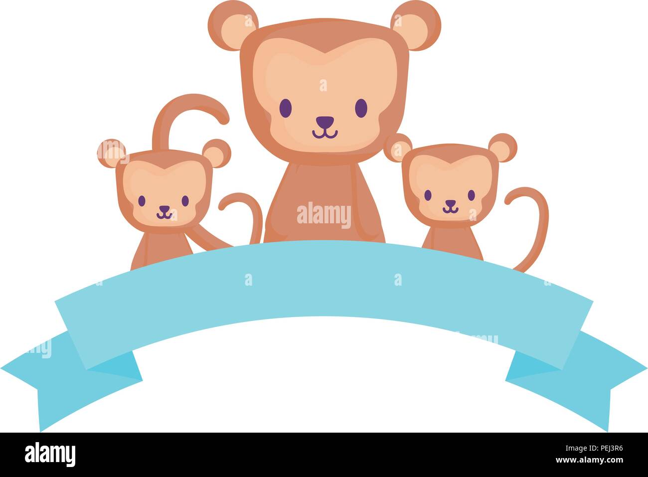 cute monkeys and decorative ribbon over white background, vector ...