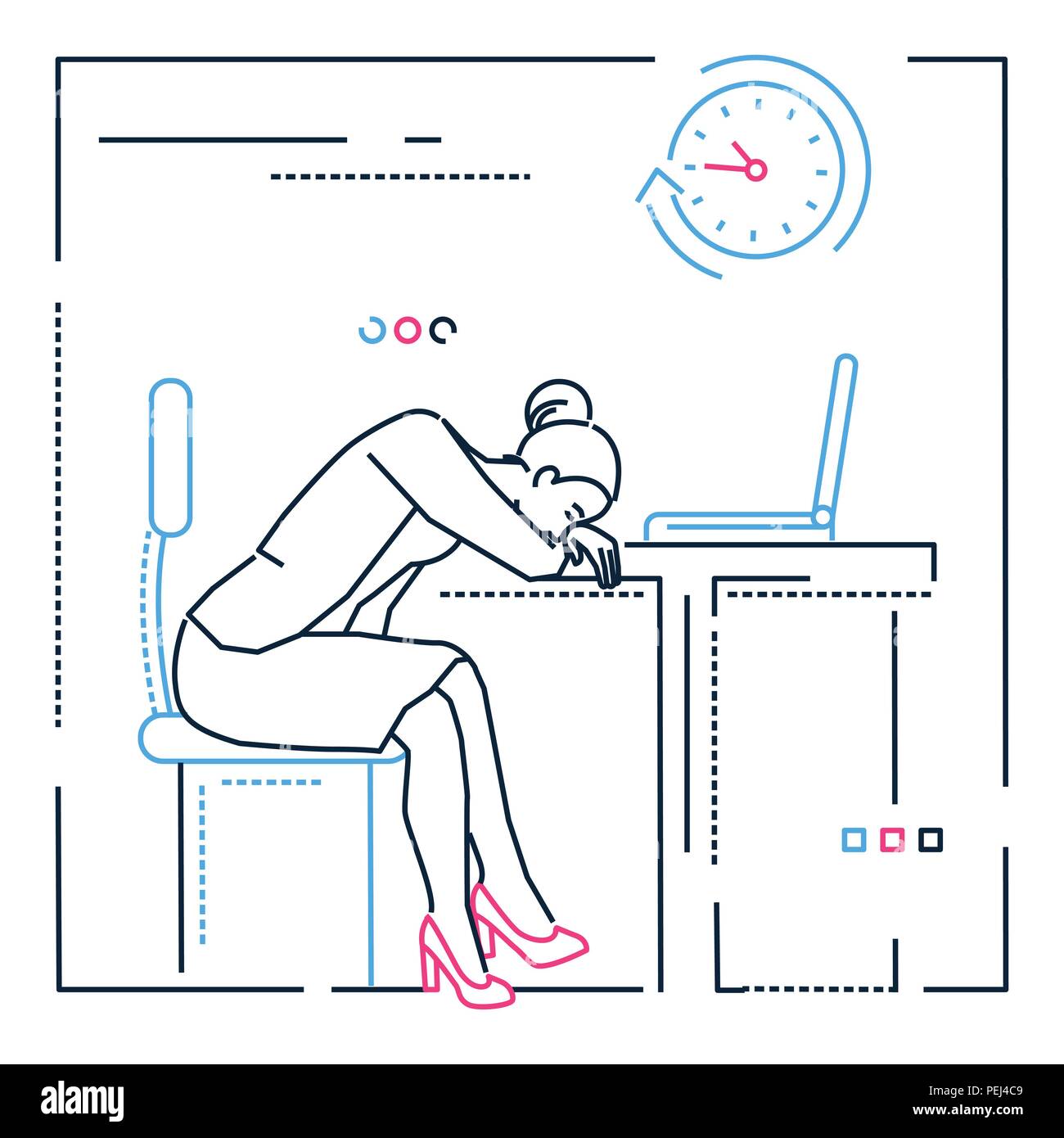 Tired businesswoman - line design style illustration on white ...