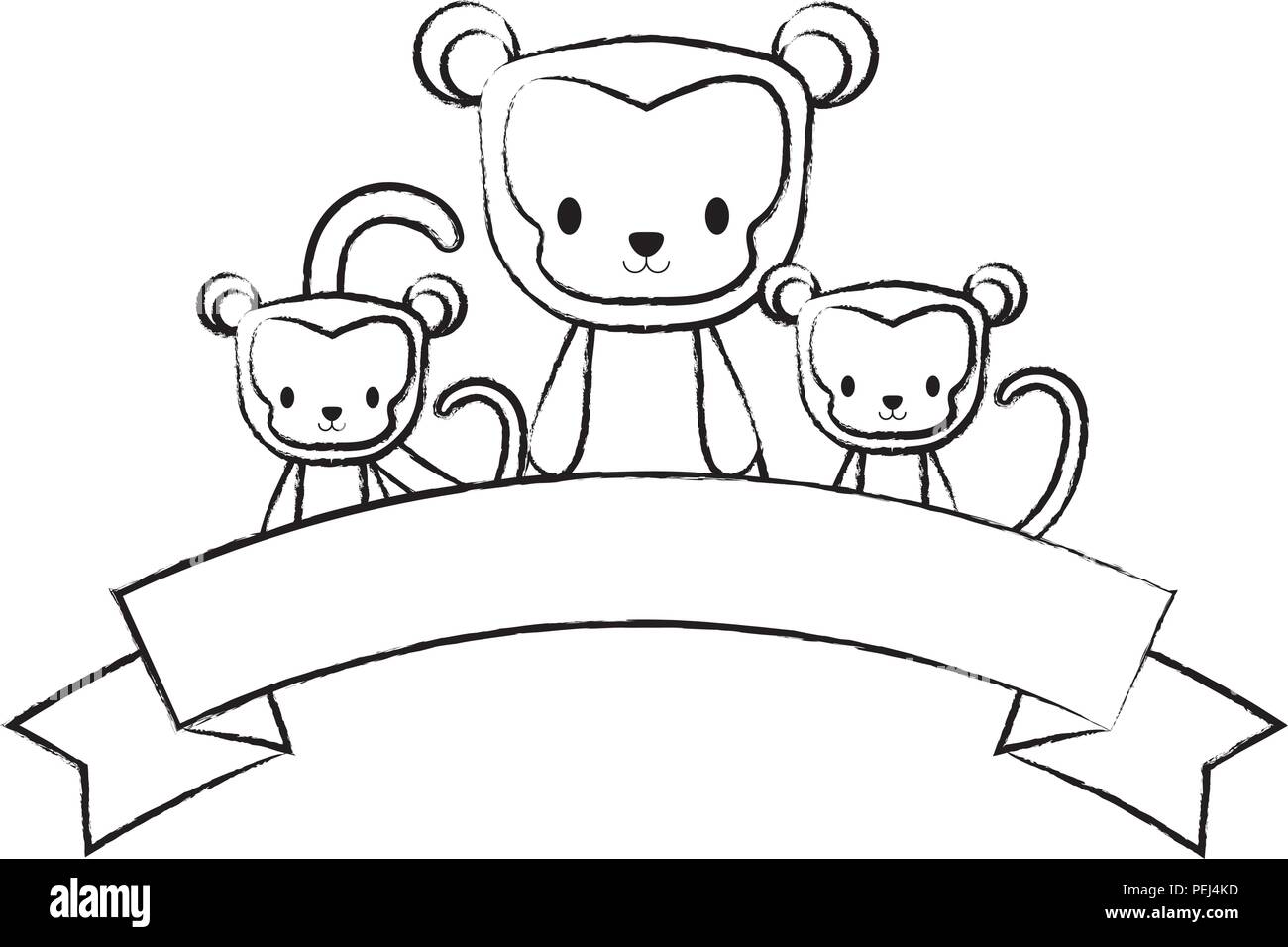 cute monkeys and decorative ribbon over white background, vector ...