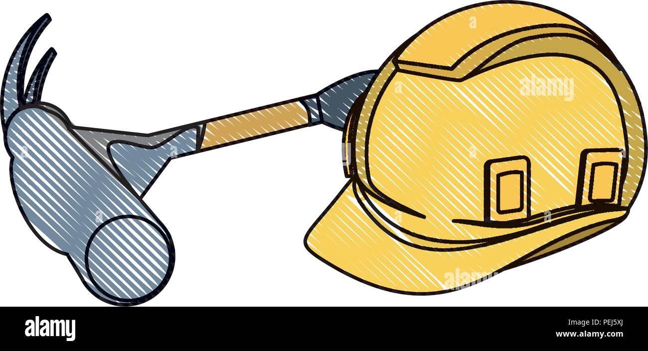 construction safety helmet and hammer over white background, vector ...