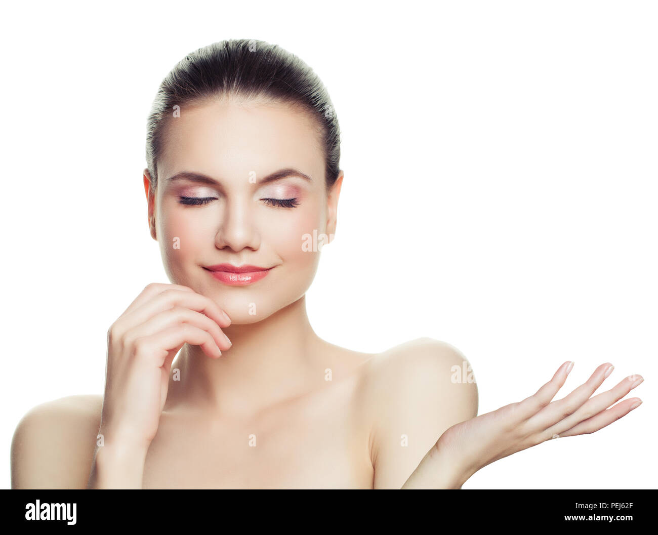 Healthy lady woman showing empty copy space on the open hand isolated ...