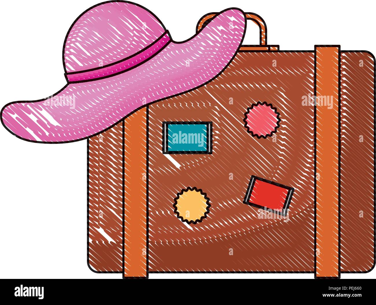 travel suitcase and beach hat over white background, vector ...