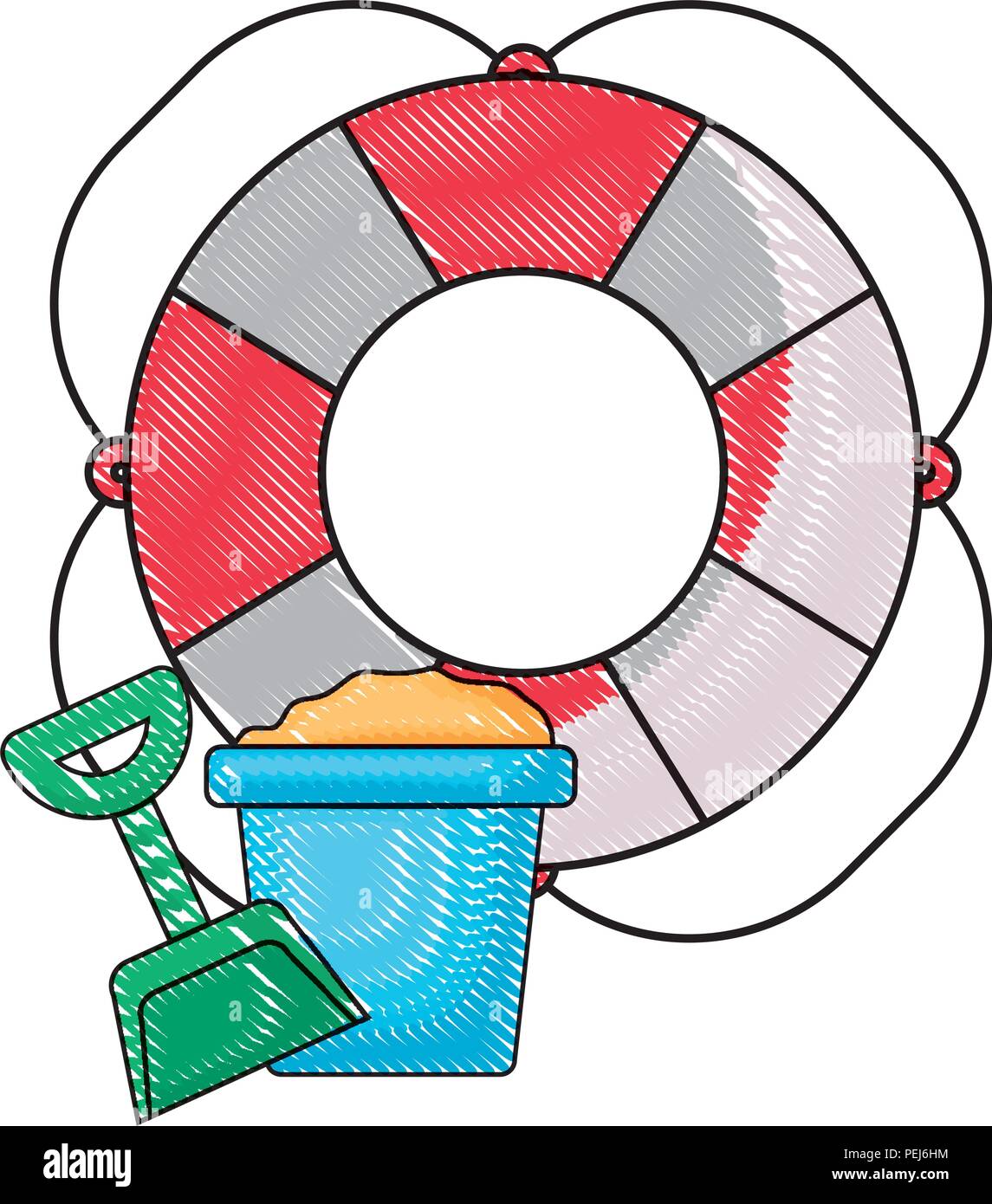 pool float and bucket with sand over white background, vector ...