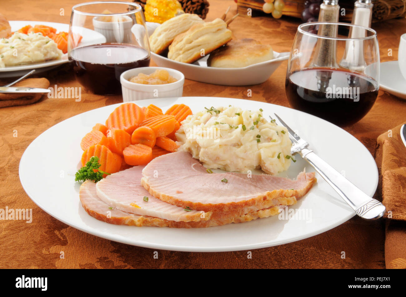 Baked ham with mashed potatoes and carrots Stock Photo - Alamy