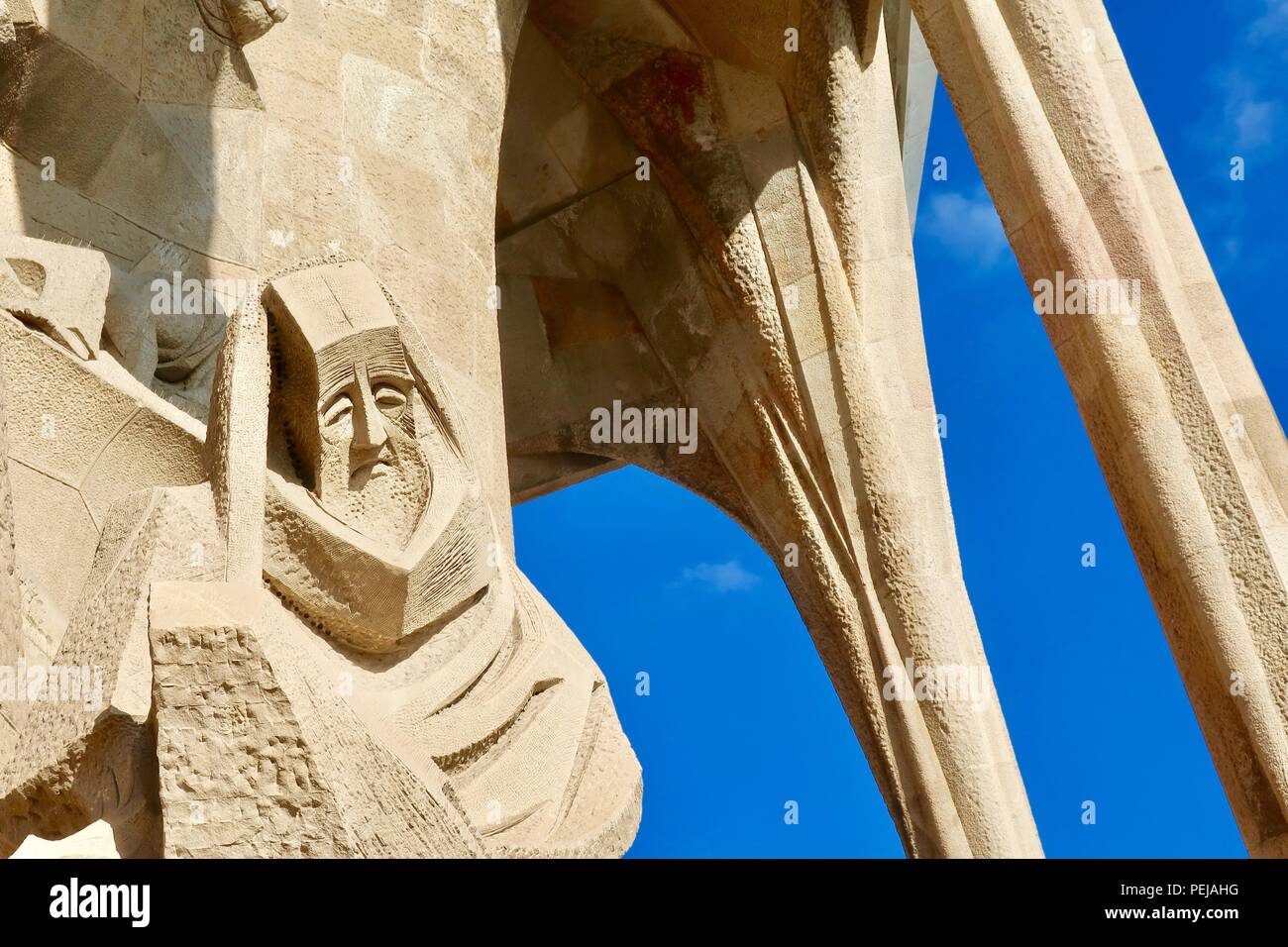Sad man sculpture at the Sagrada Familia by Gaudi. Barcelona, Spain ...