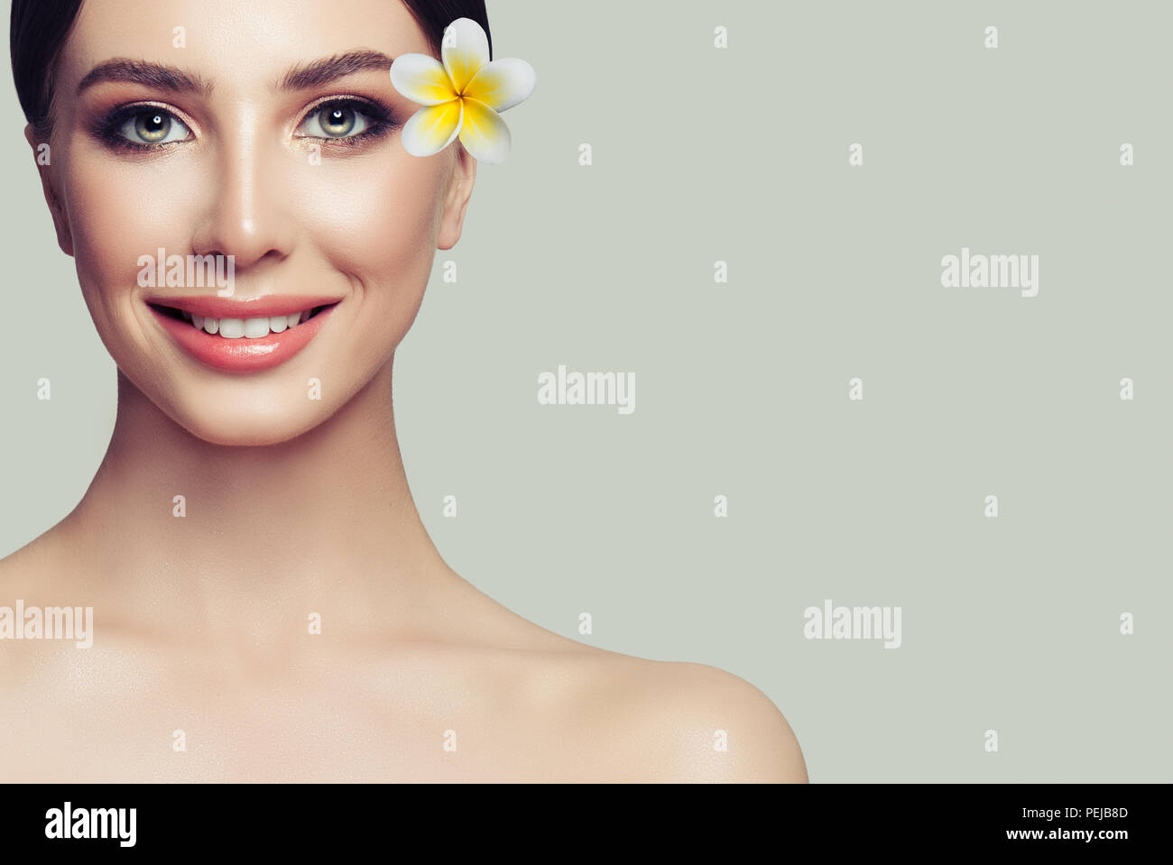 Spa woman face. Beautiful female model with healthy skin, cute smile ...