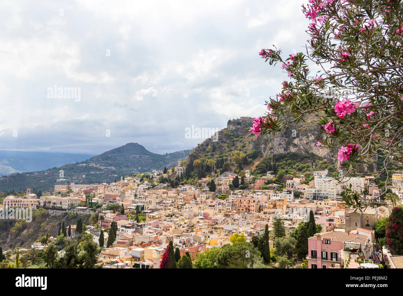 Aerial view of Taormina from Greek theater, Sicily, Italy Stock Photo ...