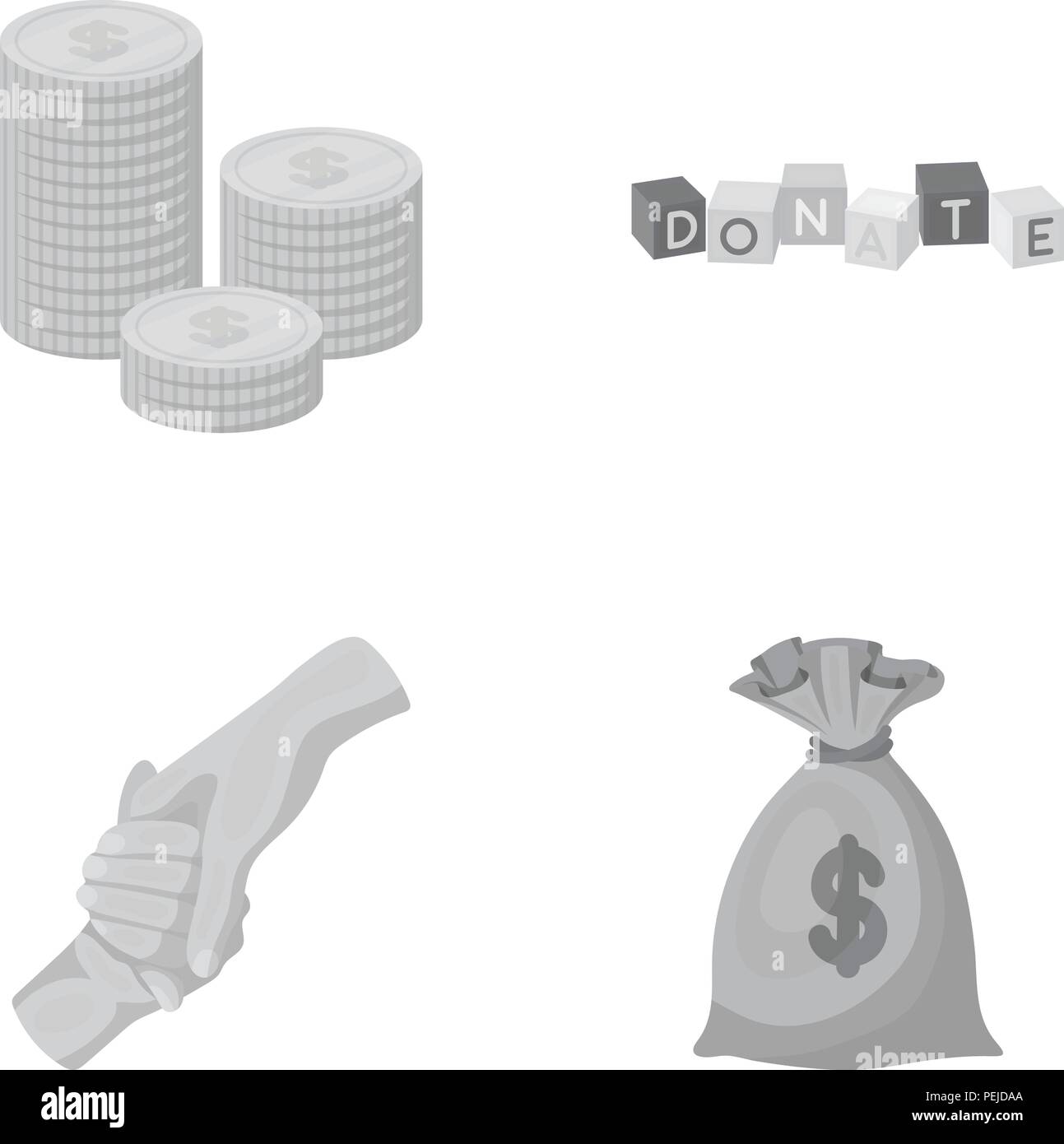 A pile of coins for donations, colored cubes with an inscription, a ...