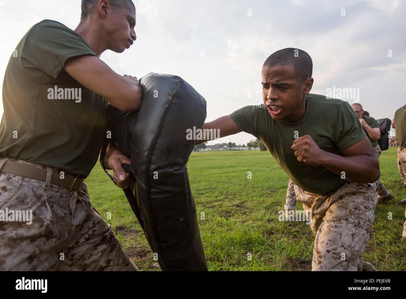 Rct. Anthony A. Rivera holds a striking pad as Rct. Damian L. Cheffin ...