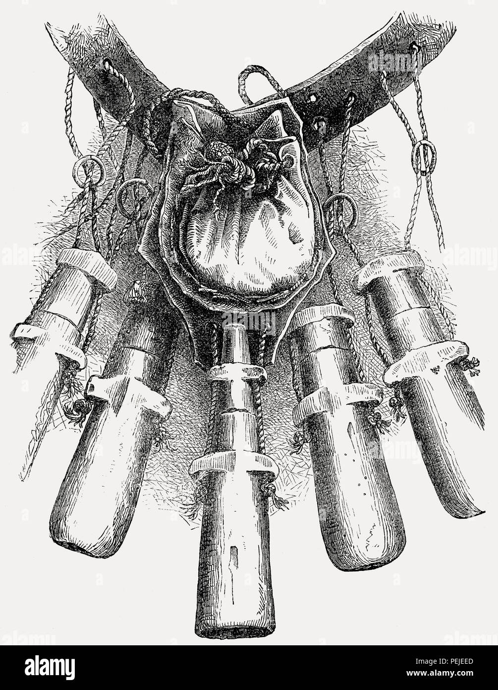 17th century bandolier, strap attached with powder charges and ...