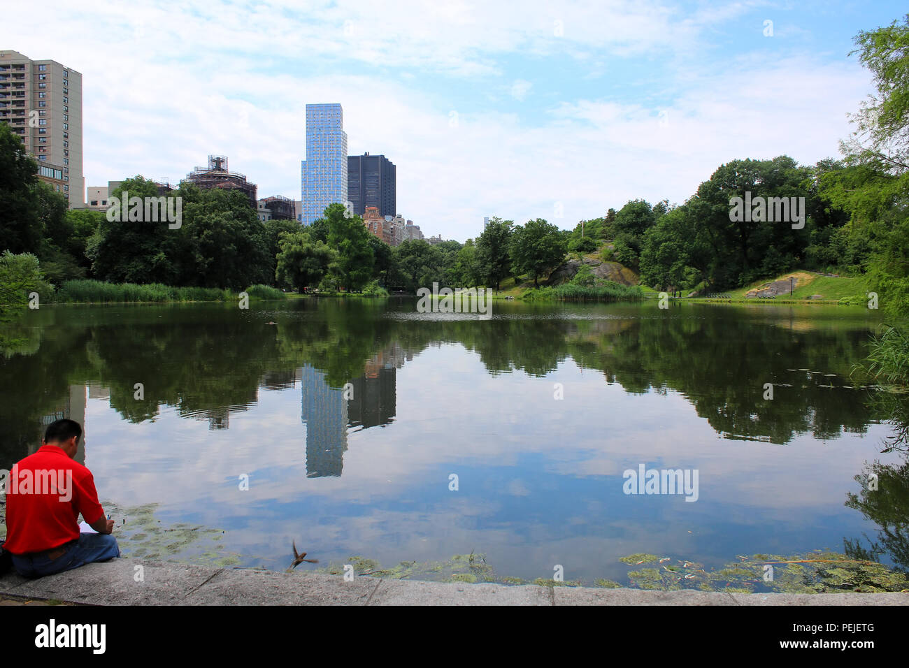 South view on Harlem Meer in Northern Central Park, Manhattan on JULY ...