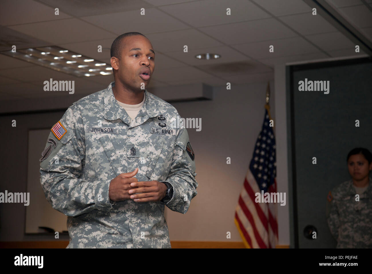 U.S. Army 1st. Sgt. Endesha Johnson, assigned to 55th Signal Company (Combat Camera), talks ...