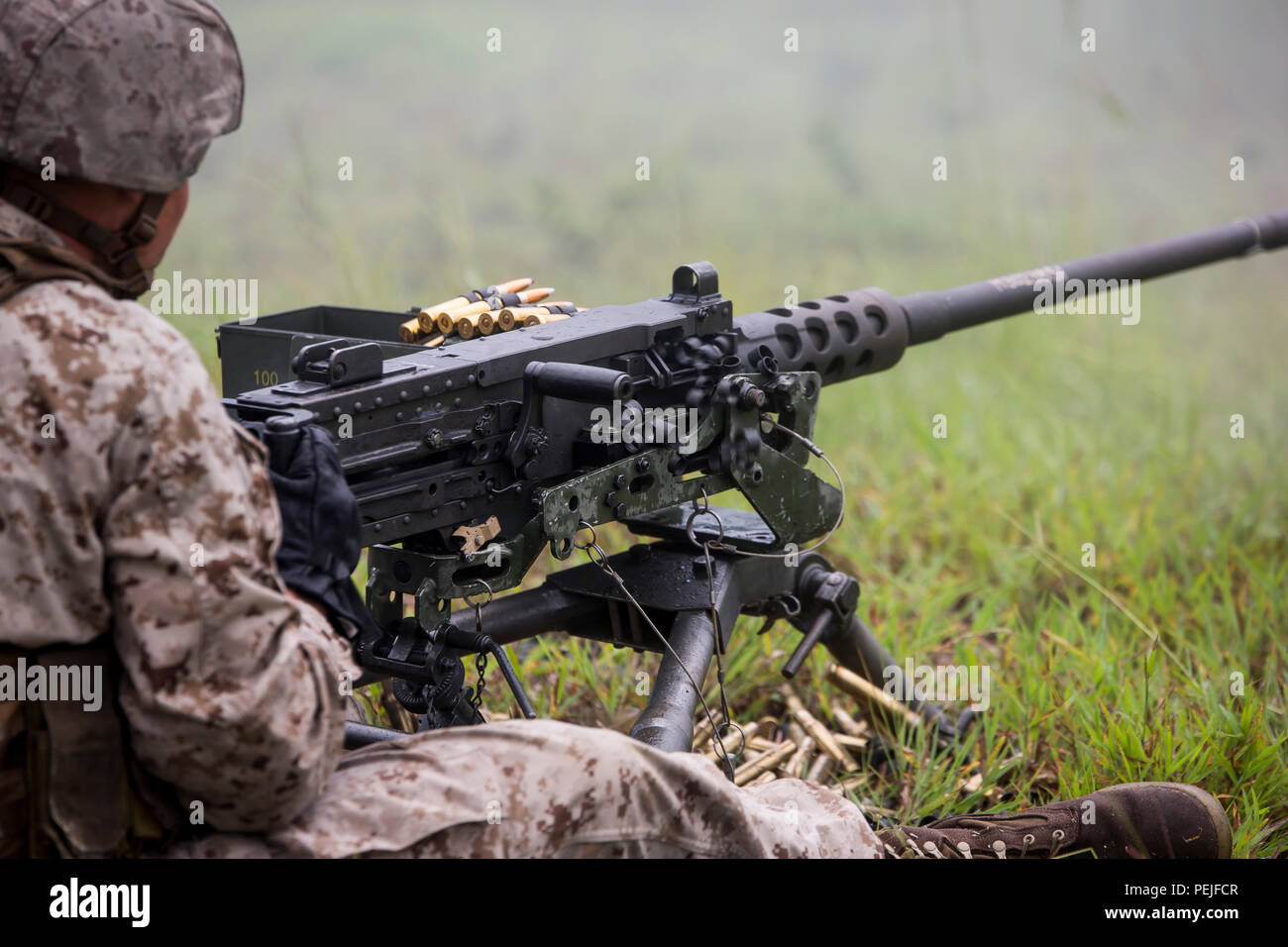 A Marine with 2nd Air Naval Gunfire Liaison Company fires the M2 .50 ...