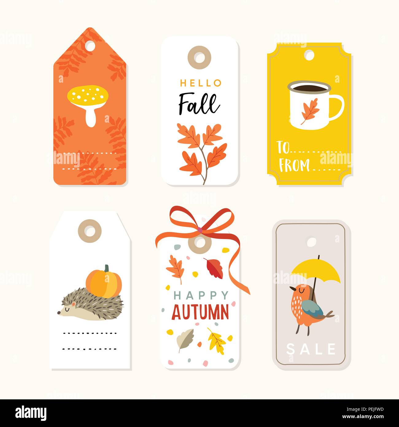 Retro set of cute autumn, fall gift tags and labels with hedgehog, bird ...
