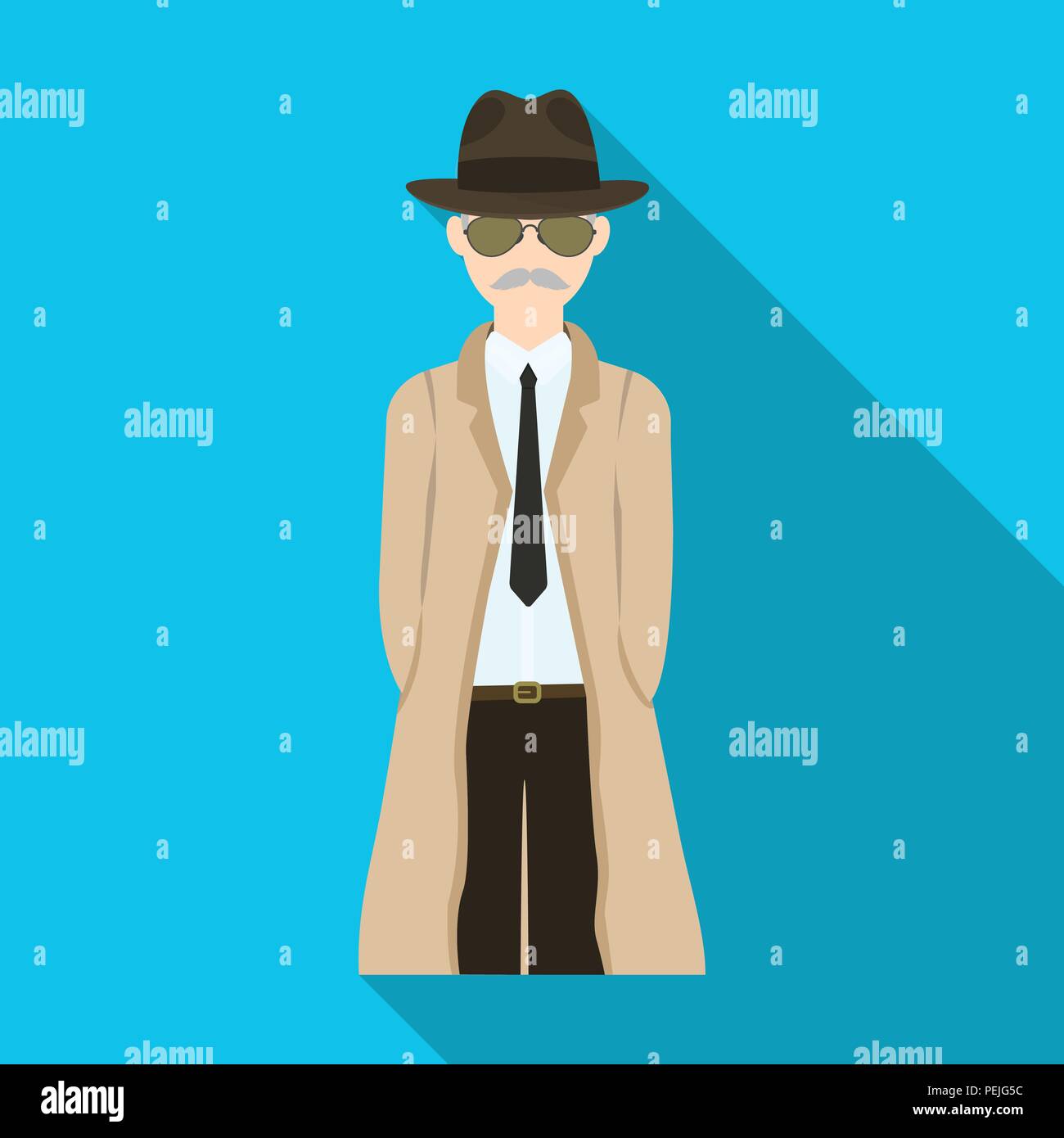 Appearance of the detective. Man detective in a hat and raincoat single ...