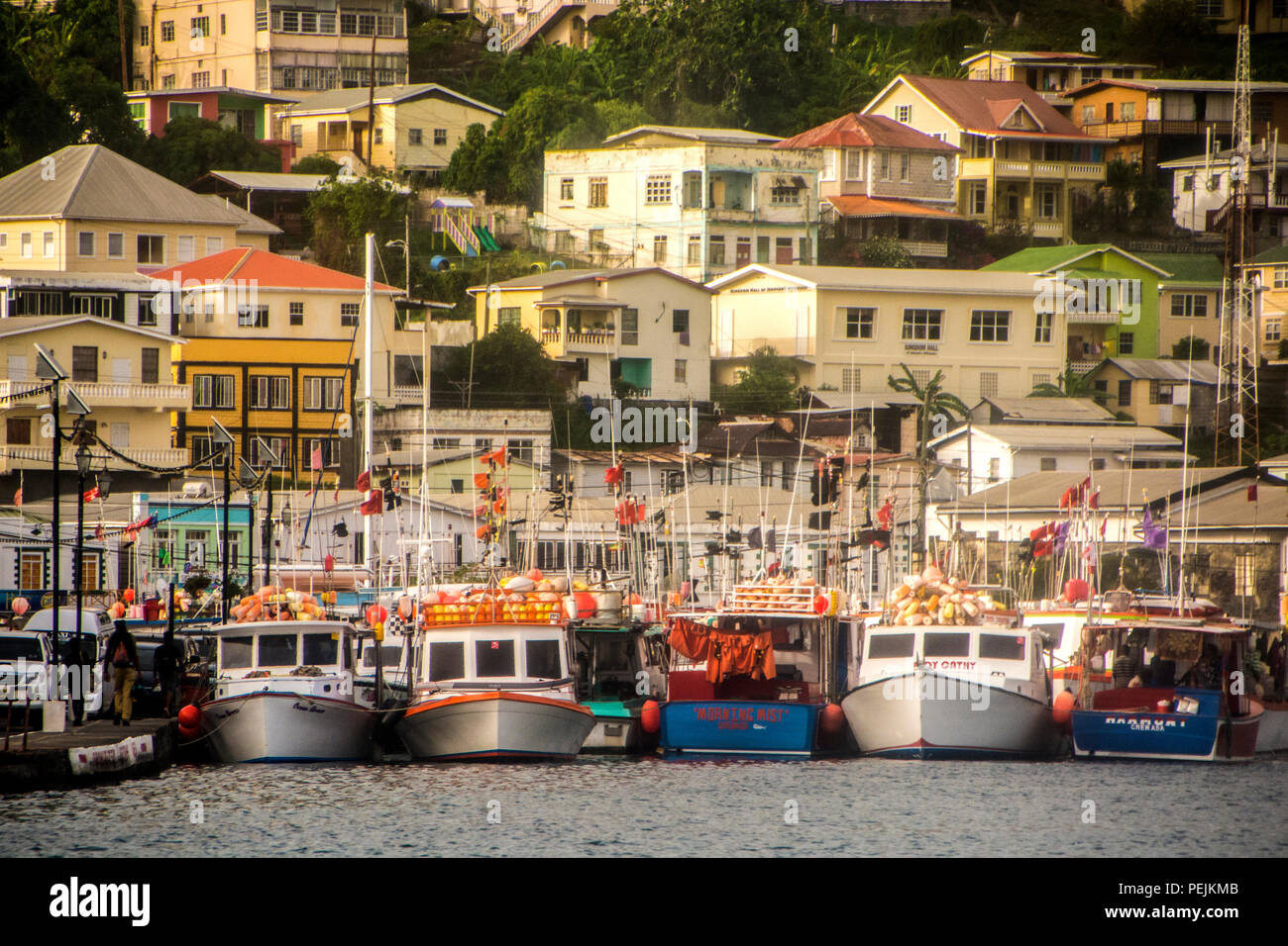 Boats and buildings on the Carenage; the island of Grenada Stock Photo ...
