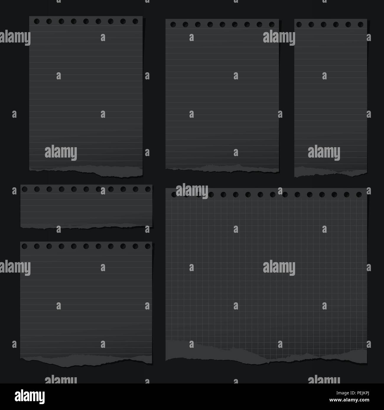 Black lined note, notebook paper pieces with torn edges stuck on black ...